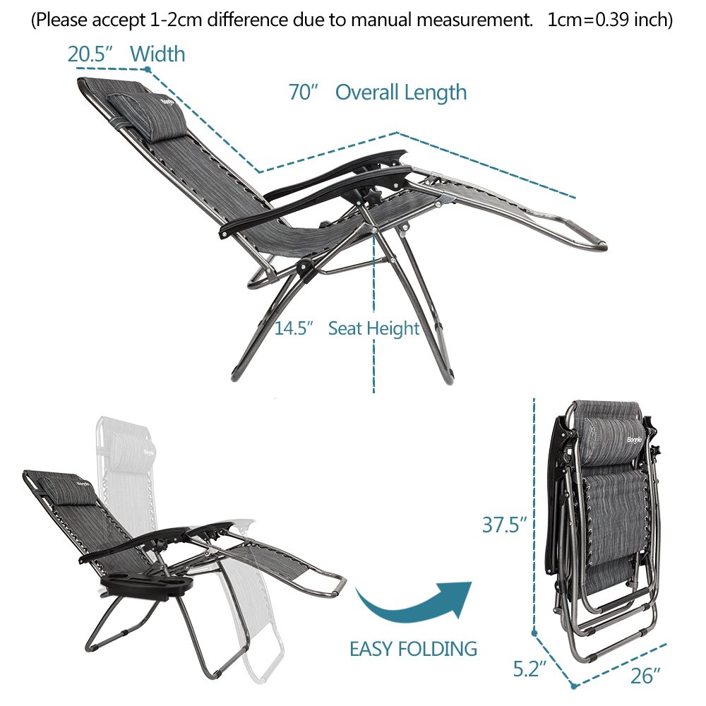 Bonnlo Set of 2 Adjustable Steel Mesh Zero Gravity Lounge Chair with Pillow and Utility Tray Adjustable Folding Recliner for Deck,Patio,Beach,Yard