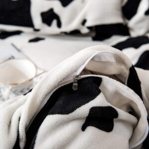 Fan Duvet Cover Set King Black and White Cow Patterned Flannel Velvet Warm Fluffly Bedding Sets with Zipper Closure Winter Quilt Comforter Cover and 2 Pillow Shams