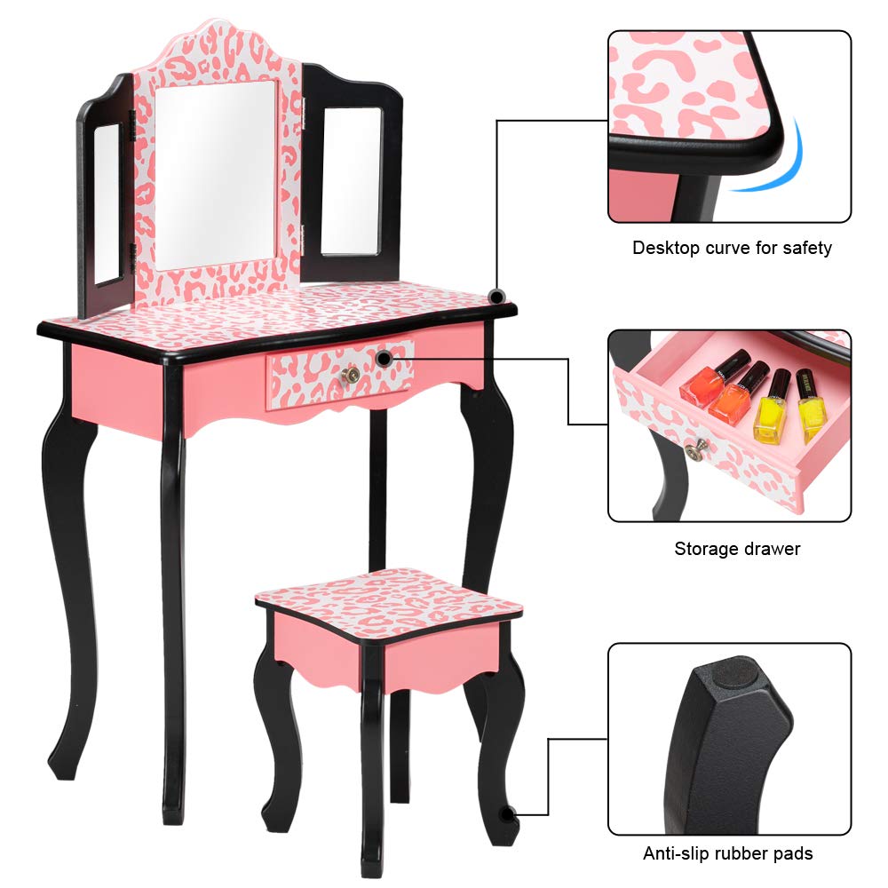 Bonnlo Kids Vanity Set, Princess Vanity Table with Stool, Tri-Folding Mirror Desk for Girls Makeup Dressing Table with Drawer Play Vanity Set