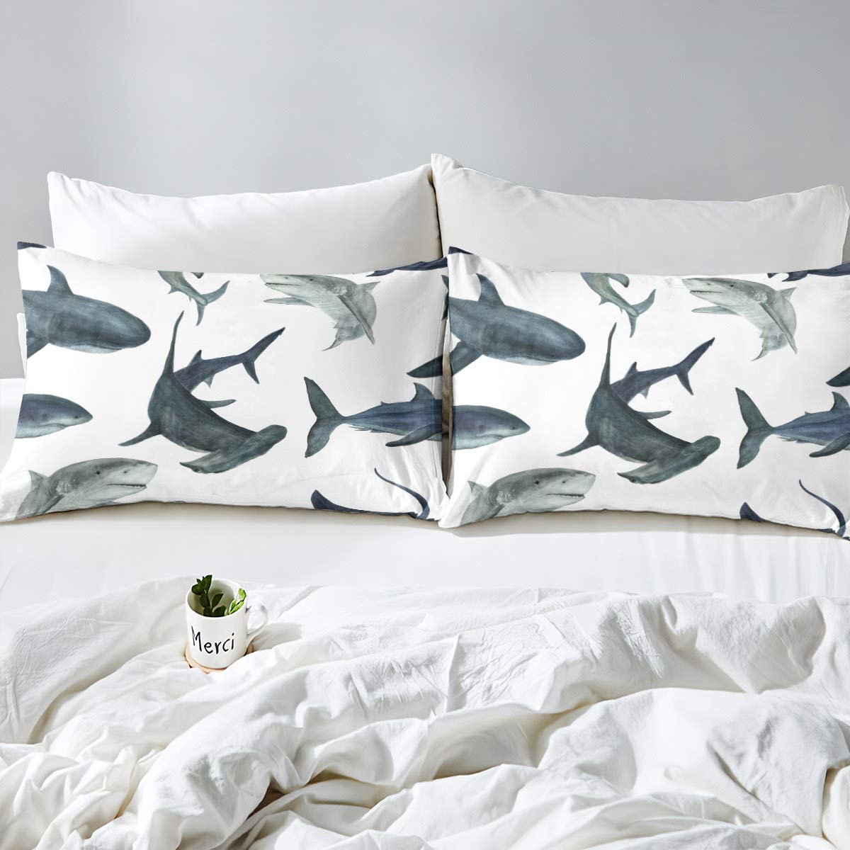 Feelyou Shark Comforter Cover Set Marine Life Ocean Theme Bedding Set for Kids Boys 3D Shark Print Duvet Cover Sea Animal Pattern Bedspread Cover Bedroom Collection 3Pcs Queen Size…