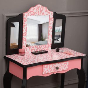 Bonnlo Kids Vanity Set, Princess Vanity Table with Stool, Tri-Folding Mirror Desk for Girls Makeup Dressing Table with Drawer Play Vanity Set