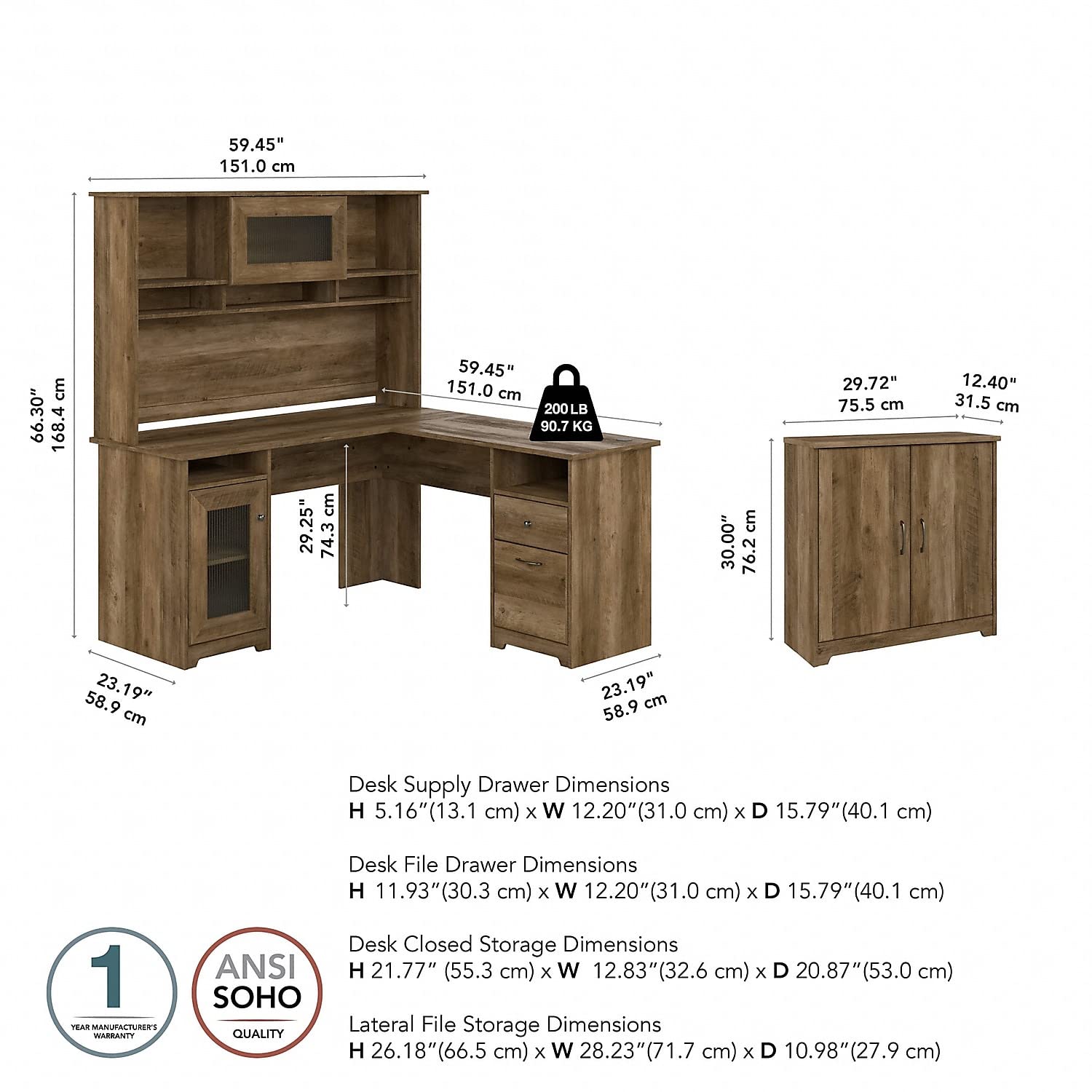 Bush Furniture Cabot L Shaped Desk with Hutch and Small Storage Cabinet with Doors in Reclaimed Pine