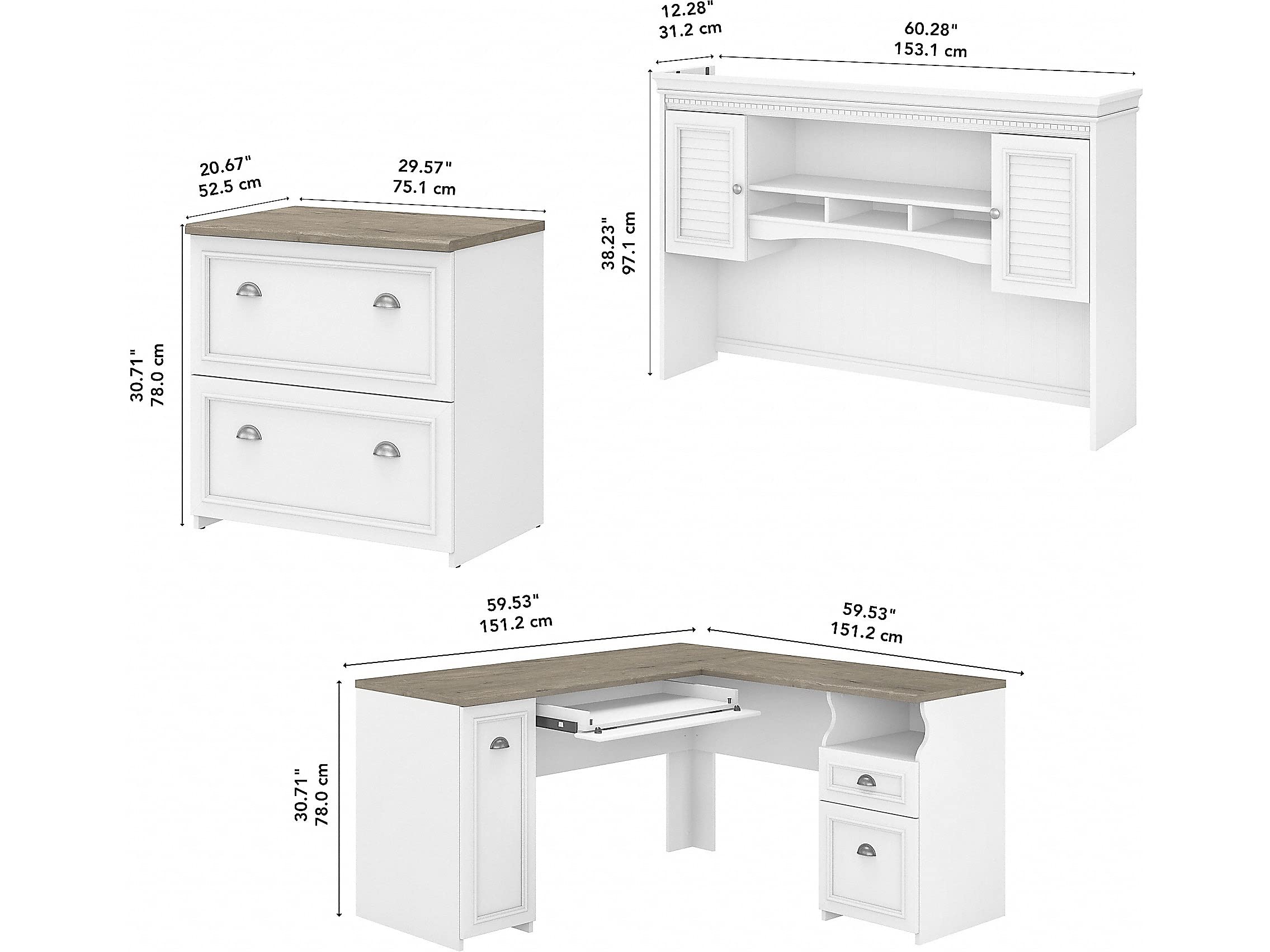 Bush FV003G2W 60-Inch L-Shaped Desk w/Hutch, Lateral File Cabinet Shiplap Gray/Pure White