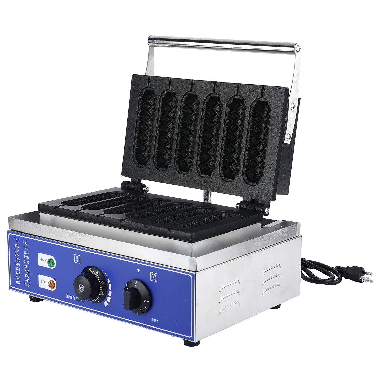 DasMarine Commercial 6Pcs Waffle Makers Hot dog Making Machine 6 Grid Crispy Machine Stainless Steel Body 1550W 110V (Blue)