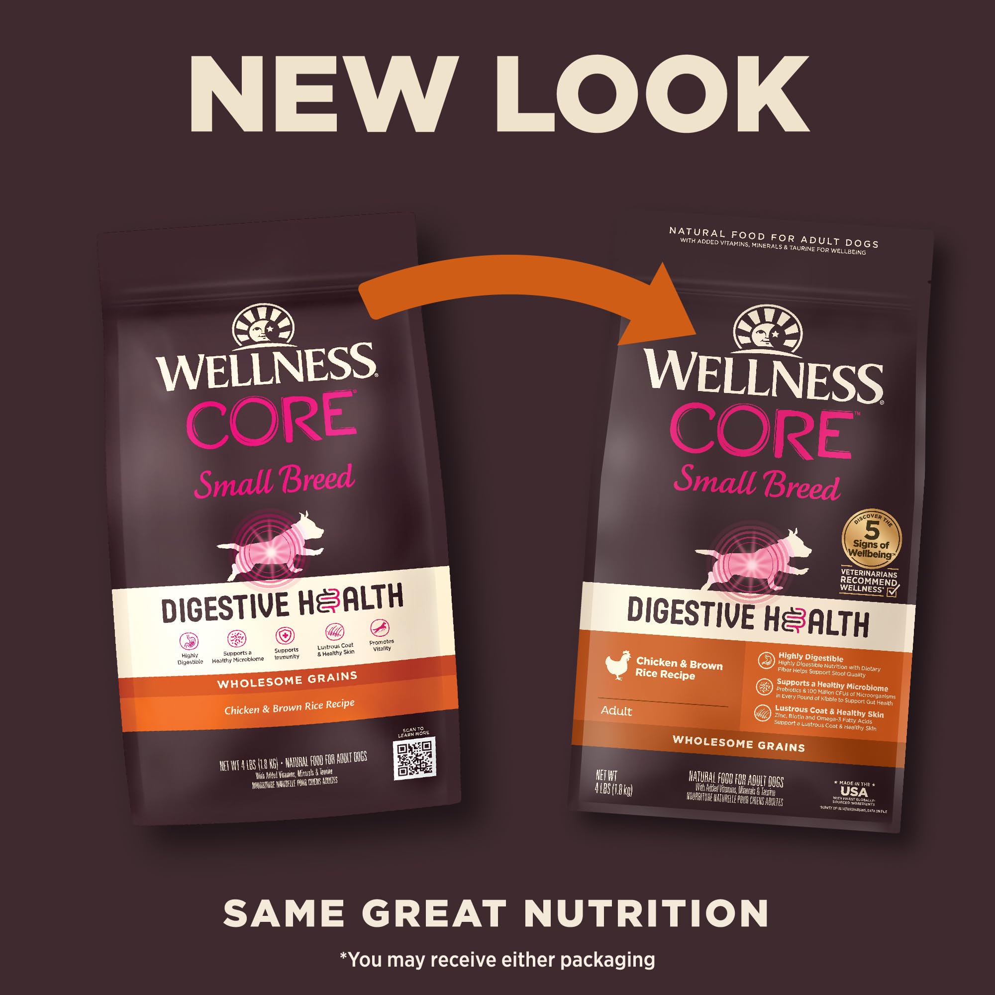 Wellness CORE Digestive Health Dry Dog Food with Wholesome Grains, Highly Digestible, for Dogs with Sensitive Stomachs, Made in USA with Real Protein (Small Breed, Chicken & Brown Rice, 4-Pound Bag)