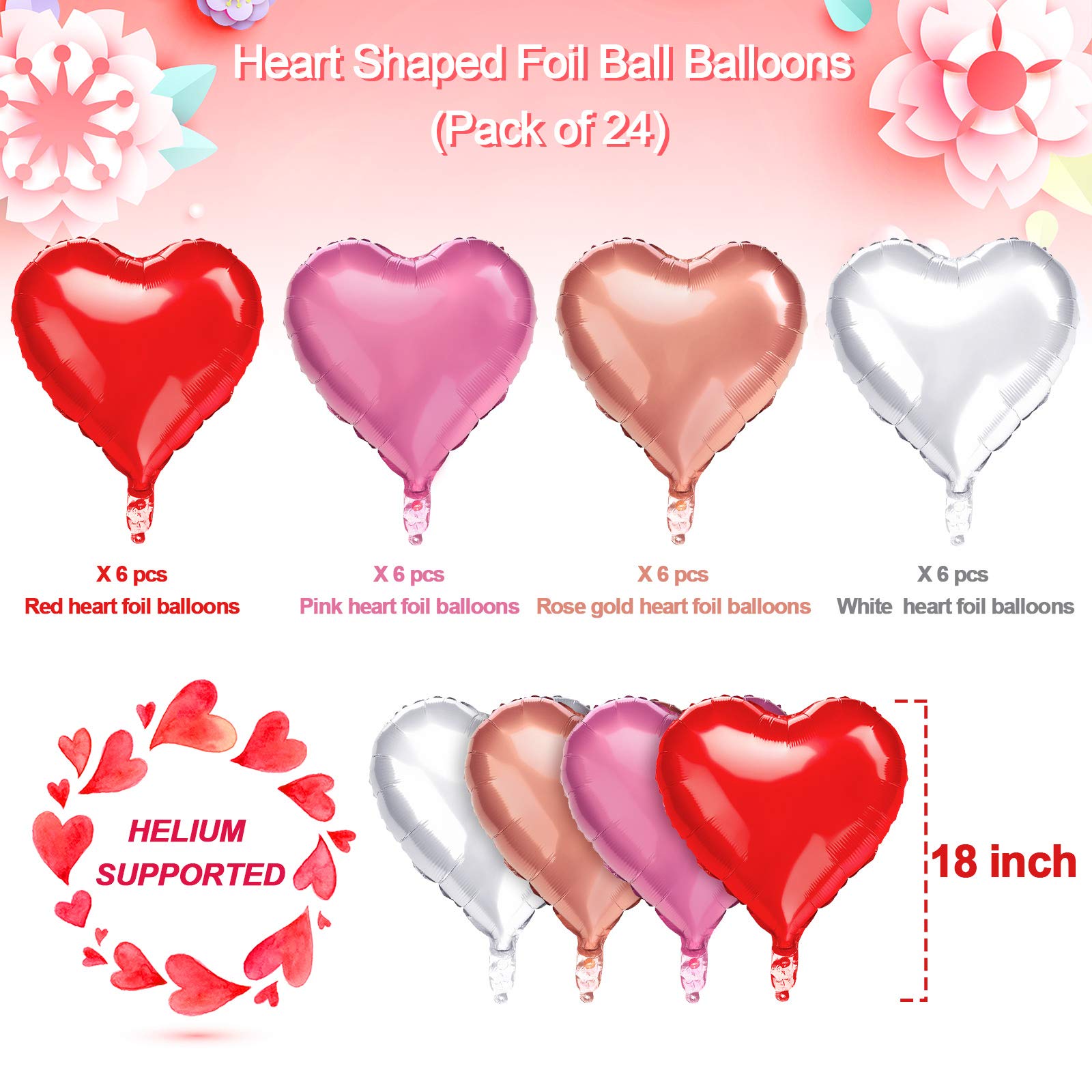 24 Pieces 18 Inch Heart Shaped Foil Balloons Valentines Love Balloons for Happy Birthday Wedding Anniversary Bride Shower Party Decorations