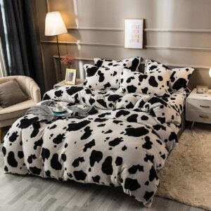 Fan Duvet Cover Set King Black and White Cow Patterned Flannel Velvet Warm Fluffly Bedding Sets with Zipper Closure Winter Quilt Comforter Cover and 2 Pillow Shams