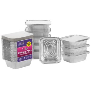 nicole home collection aluminum pans with lids - 50 count - 1lb oblong pans (5"x4")- to go containers with lids - disposable tin foil pans - perfect for catering, meal prep, baking, freezer safe