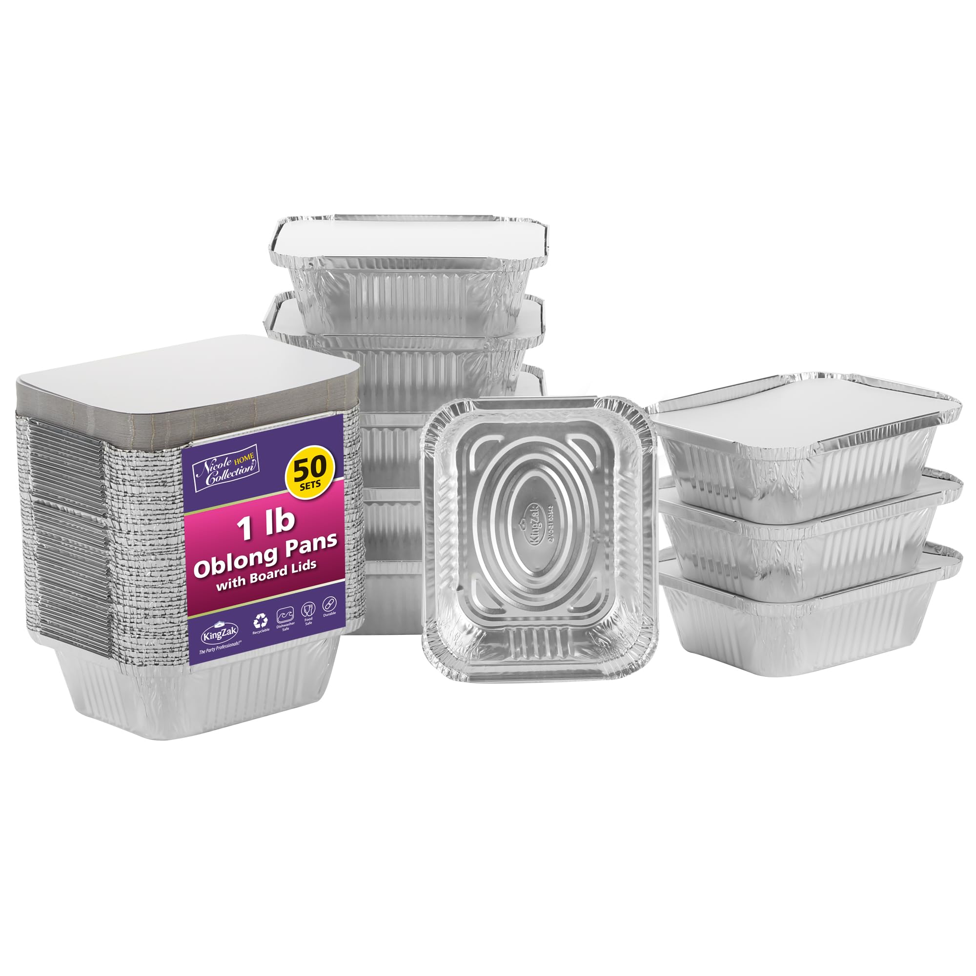 Nicole Home Collection Aluminum Pans With Lids - 50 Count - 1LB Oblong Pans (5"x4")- To Go Containers With Lids - Disposable Tin Foil Pans - Perfect For Catering, Meal Prep, Baking, Freezer Safe