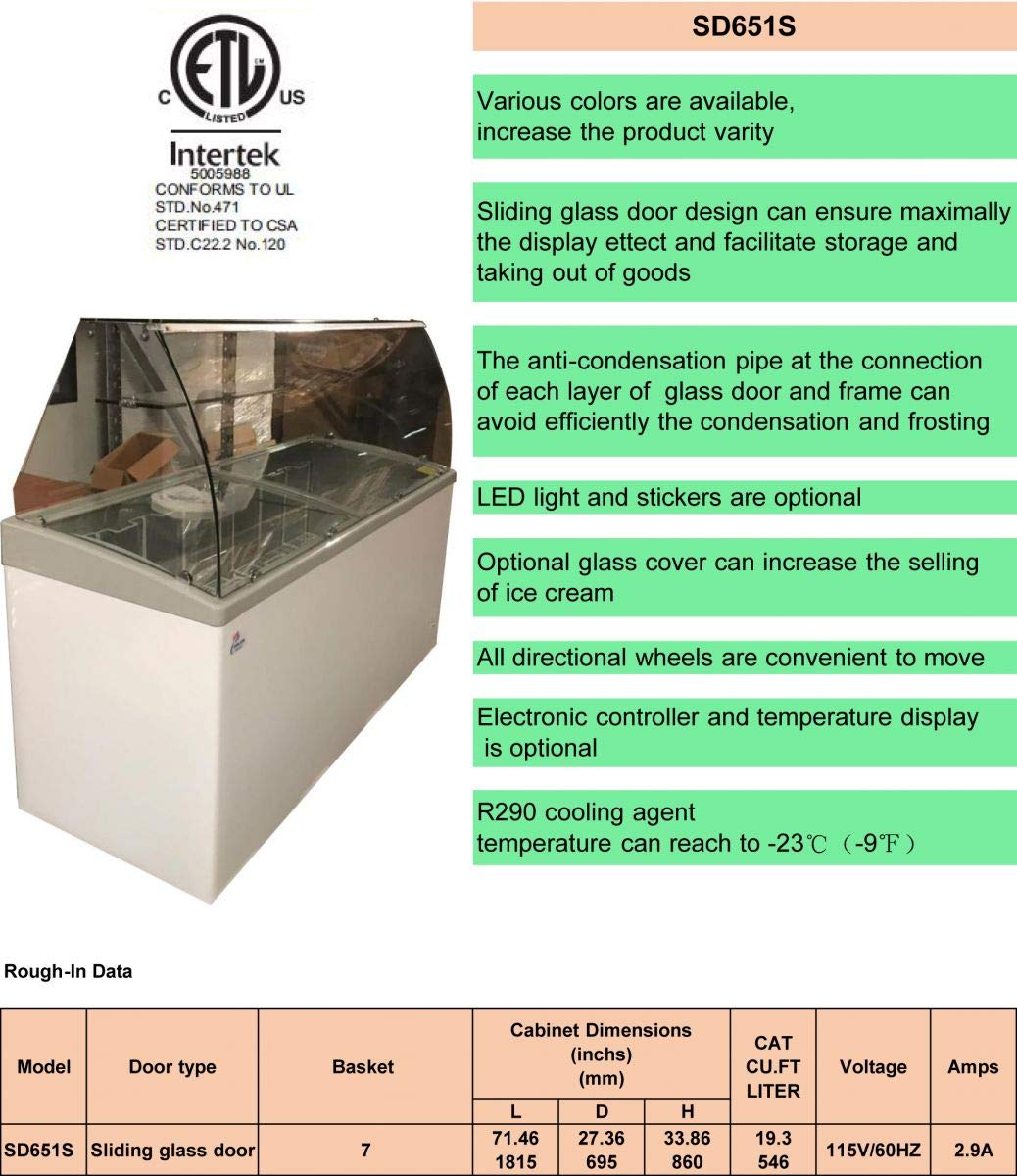 Gelato Freezer Display Case Dipping Cabinet Pan Ice cream showcase Curved Clear Glass 72"