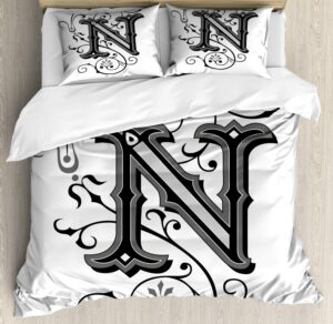 ambesonne letter n duvet cover set, middle ages inspired capital n abstract elements black dark colored palette, decorative 3 piece bedding set with 2 pillow shams, california king, black grey white