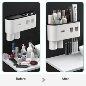 TuCao Double Automatic Toothpaste Dispensers Squeezer Kit with Toothbrush Holder Wall Mounted, Large Storage Organizer with 6 Toothbrush Slots, 2 Magnetic Cups and Cosmetic Organizer Drawer (2 Cups)