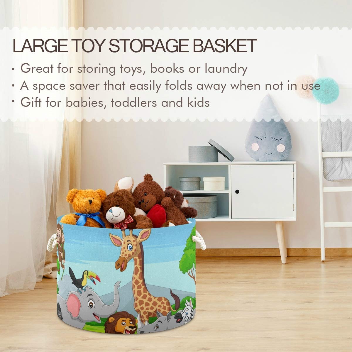 AJINGA Collapsible Round Storage Basket Fabric Toy Chest Organizer, Cartoon Wild Animals Jungle Laundry Basket with Drawstrings for Kids