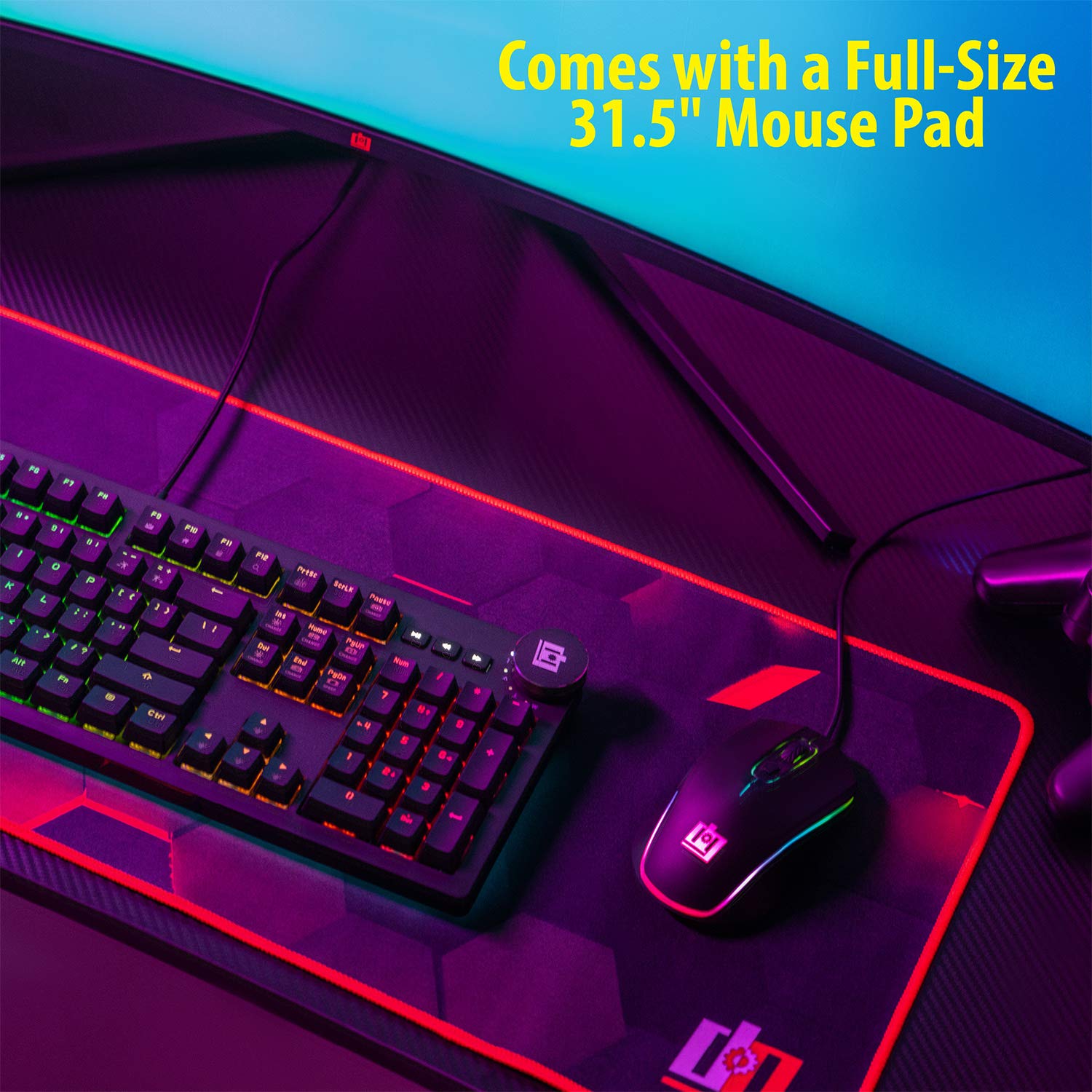 Deco Gear Ultrawide Curved LED Computer Gaming/Office Desk, Waterproof Carbon-Fiber Surface, Supports up to 175-lbs., 6-Color RGB Lighting Accents, Cable Management, Cup Holder, 31.5" Mouse Pad