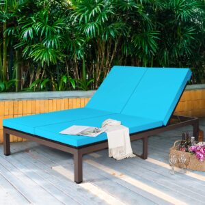 Tangkula 2-Person Patio Lounge Chair, Outdoor Rattan Double Wicker Daybed Chaise Lounge Chair with Adjustable Backrest Wheels & Cushion, Patio Sofa for Garden Lawn Backyard (Turquoise)