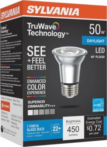 sylvania led truwave natural series par16 light bulb, 50w equivalent efficient 6w, medium base, dimmable, 450 lumens, 5000k, white, 1 count (pack of 1)