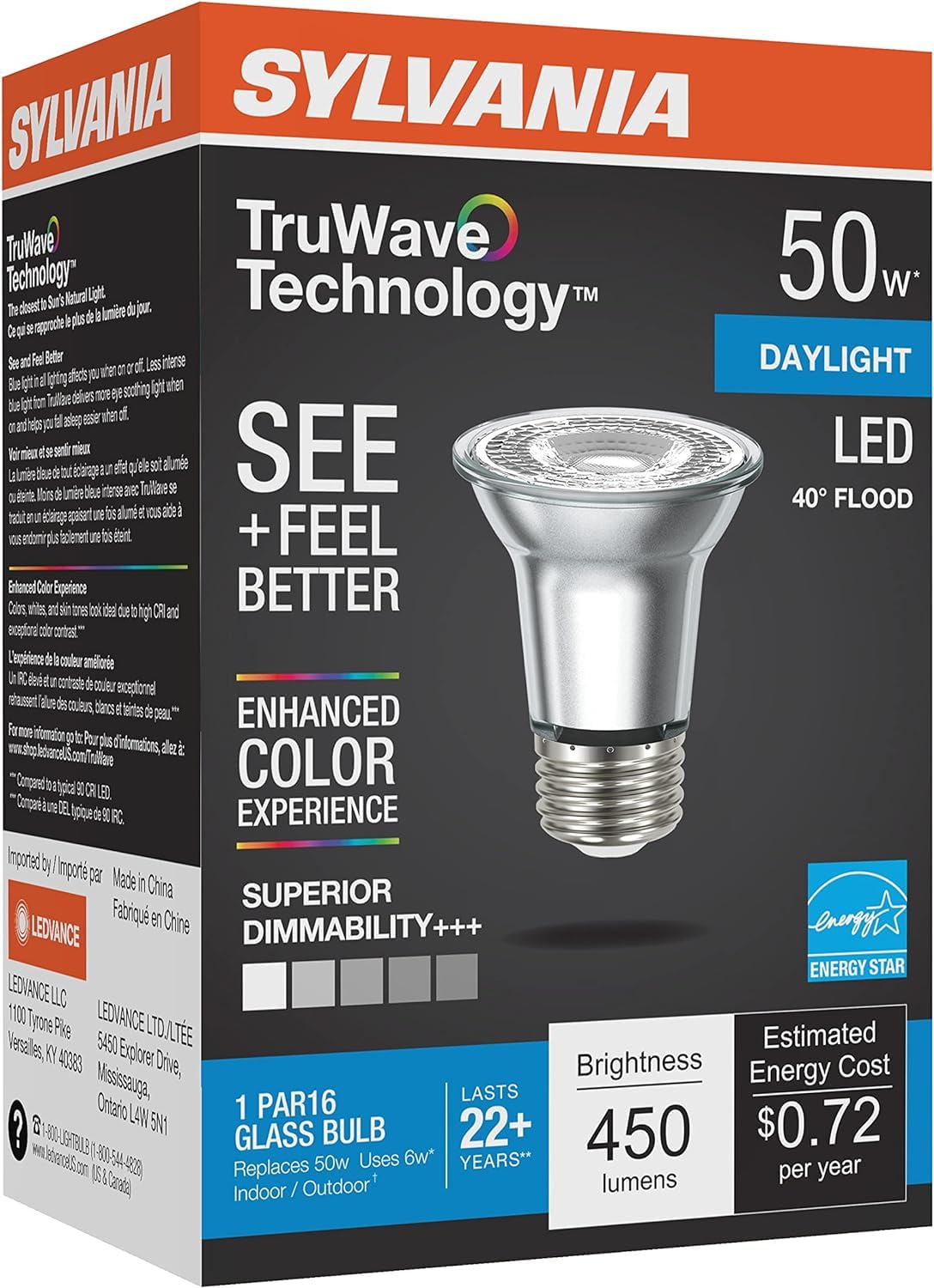 Sylvania LED TruWave Natural Series PAR16 Light Bulb, 50W Equivalent Efficient 6W, Medium Base, Dimmable, 450 Lumens, 5000K, White, 1 Count (Pack of 1)