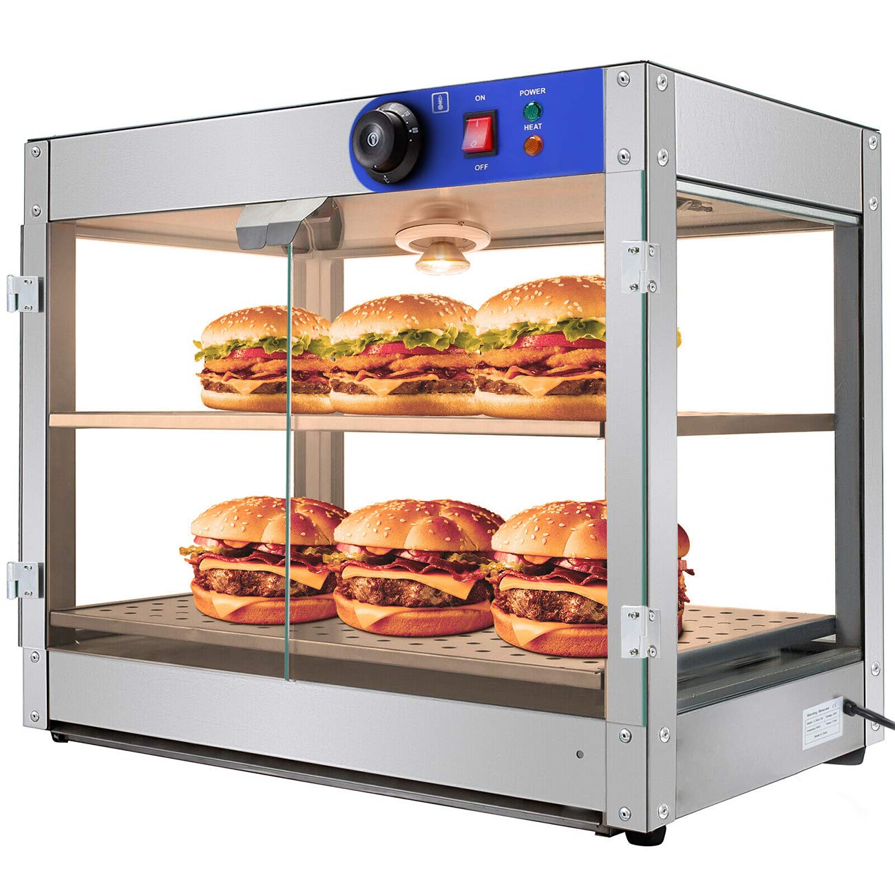 Samger 24-Inch Commercial Food Warmer Display, 2-Tier Glass Food Warmer Case, 800W 110V Adjustable Temperature 86-230℉, Tempered-Glass Door Pastry Display Case Restaurant Heated Cabinet