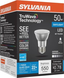 sylvania led truwave natural series par20 light bulb, 50w equivalent, efficient 6w, medium base, dimmable, 5000k, daylight - 1 pack (40921) white