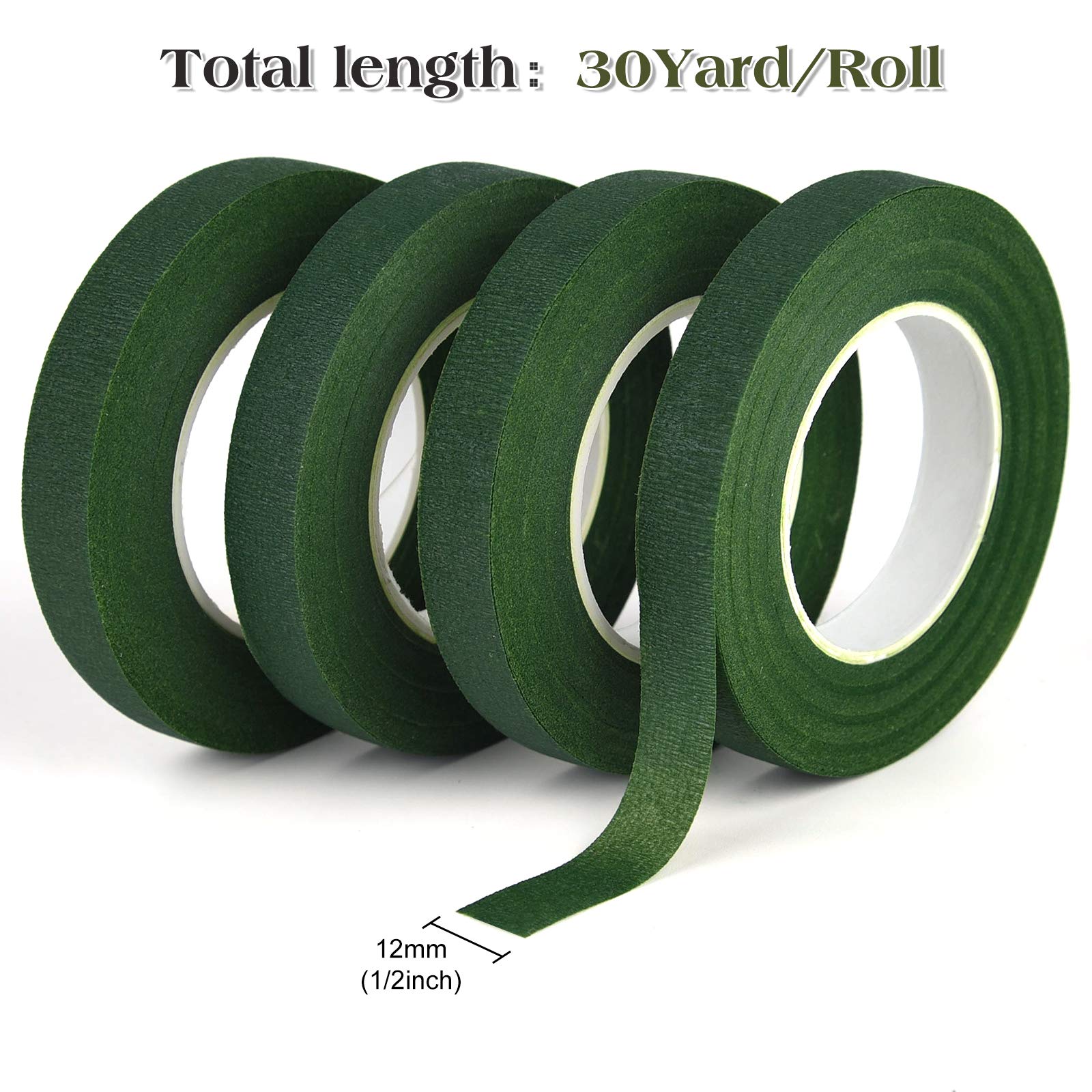 KUUQA 4 Rolls 1/2" Wide Dark Green Floral Tapes for Bouquet Stem Wrapping and Floral Crafts,Wedding Bouquet