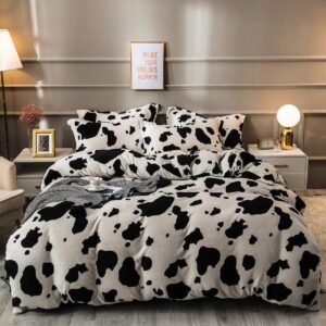 fan duvet cover set king black and white cow patterned flannel velvet warm fluffly bedding sets with zipper closure winter quilt comforter cover and 2 pillow shams