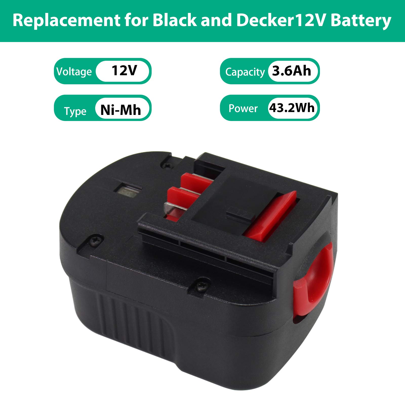 2Pack 3600mAh Ni-Mh Replacement for Black and Decker 12V Battery Compatible with Black and Decker 12 Volt Battery HPB12 FS120BX FSB12 FS120B A1712 A12 BD12PSK SS12 BDID1202 XD1200K CDC120ASB HPD12K-2