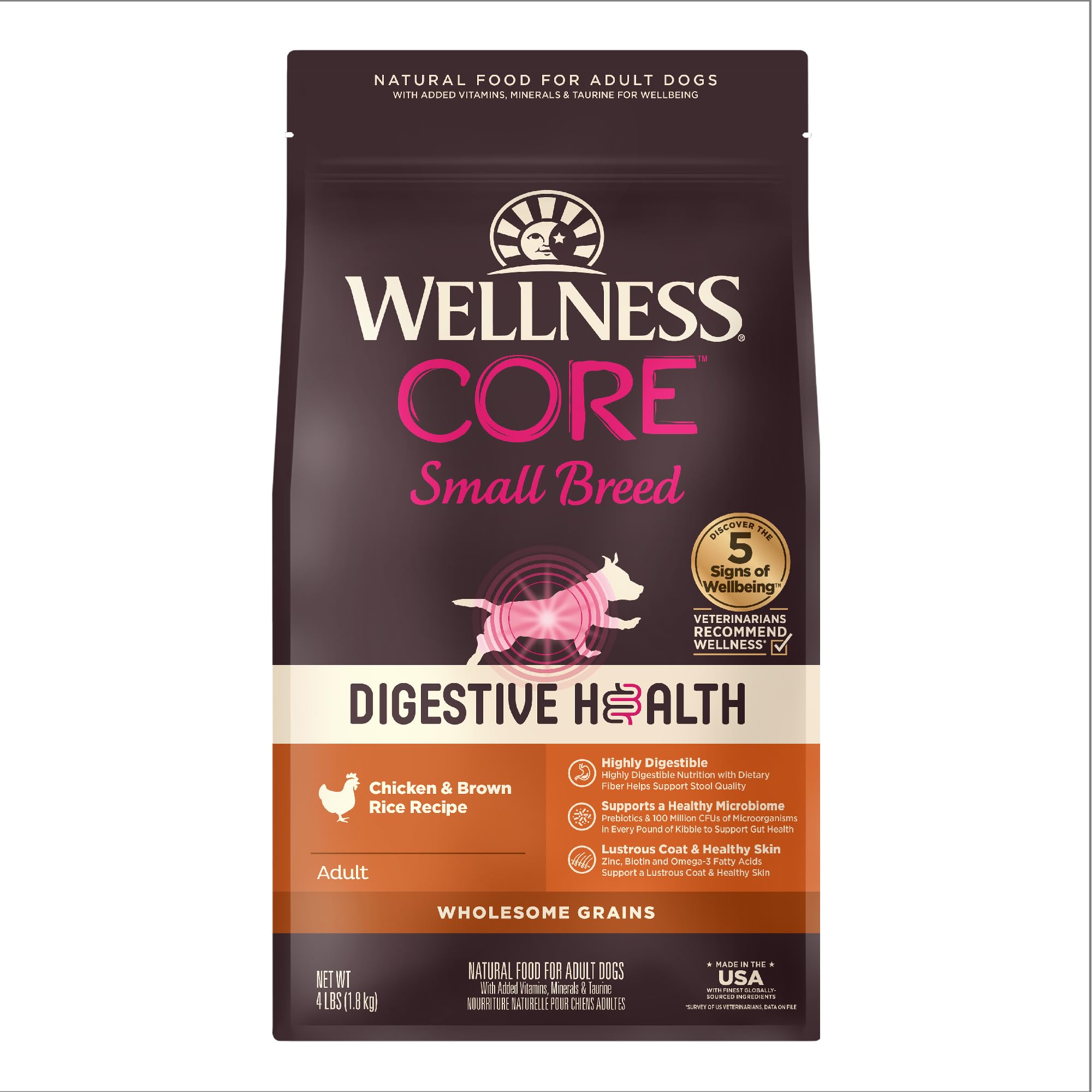 Wellness CORE Digestive Health Dry Dog Food with Wholesome Grains, Highly Digestible, for Dogs with Sensitive Stomachs, Made in USA with Real Protein (Small Breed, Chicken & Brown Rice, 4-Pound Bag)