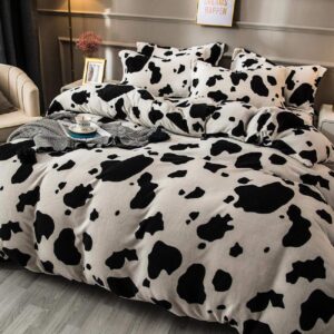 Fan Duvet Cover Set King Black and White Cow Patterned Flannel Velvet Warm Fluffly Bedding Sets with Zipper Closure Winter Quilt Comforter Cover and 2 Pillow Shams