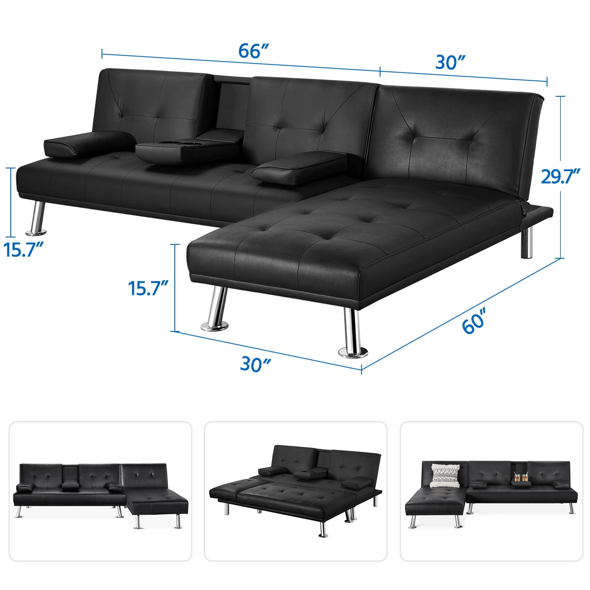 Yaheetech Faux Leather Sectional Sofa Couch Sectional Living Room Furniture Set Convertible Futon Sofa Beds with Chaise Lounge Black