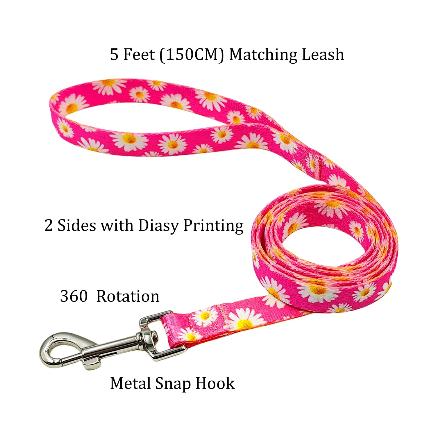 Olahibi Dog Collar and Leash Set, Cute Pink Daisy Pattern, Polyester Material, 5ft Leash, for Small Dogs.(S, Daisy Set)