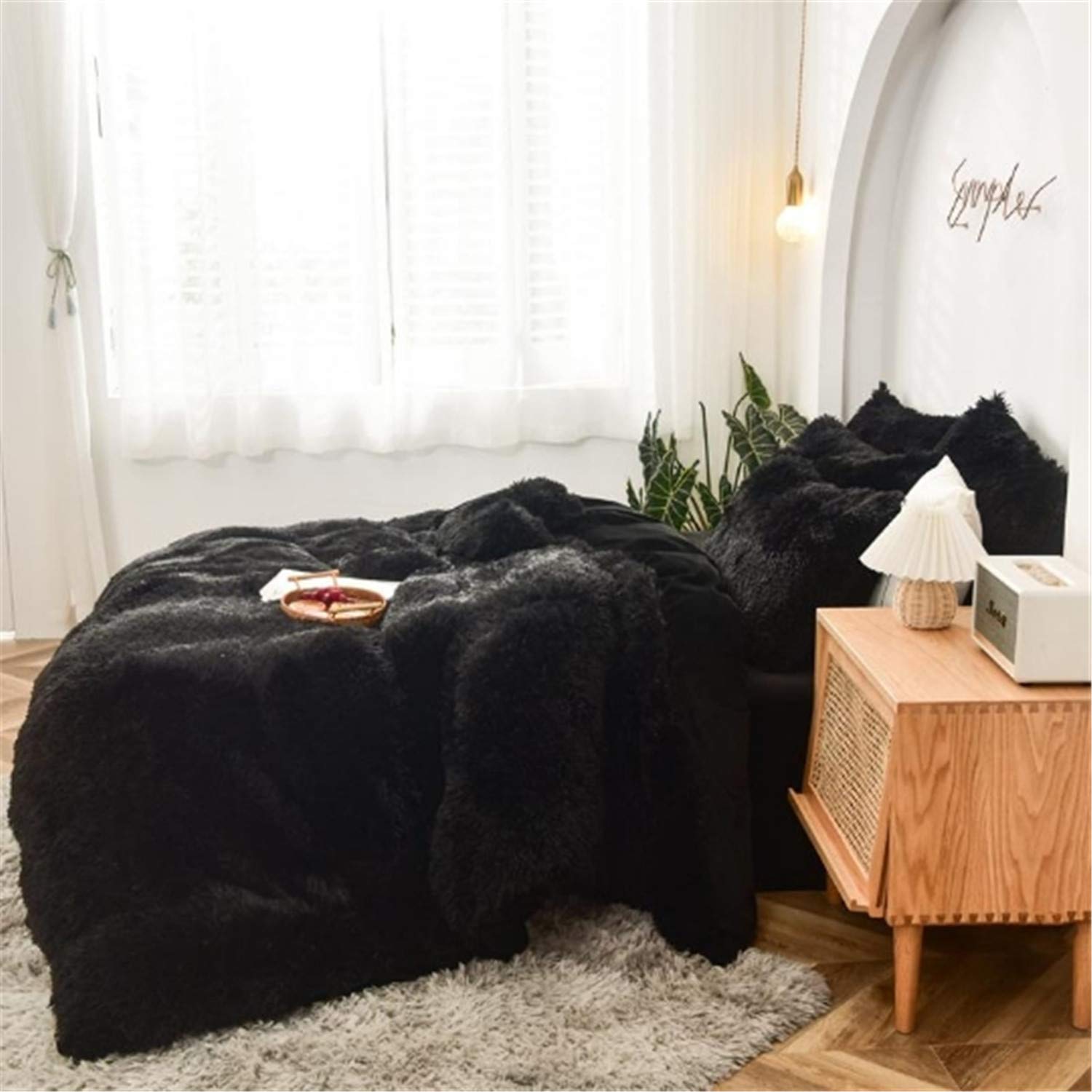 Lotus Karen Shaggy Duvet Cover Set Super Soft Fuzzy Faux Fur 3 Piece Comforter Cover Set Elegant Cozy Flannel/Velvet Full Size Quilt Cover Set