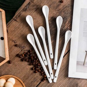 AWHOME White Long Handle Porcelain Spoons Coffee, Tea, Yogurt and Ice-cream, Cutlery Fitting Ceramic Spoons 7.5 Inch Set of 6