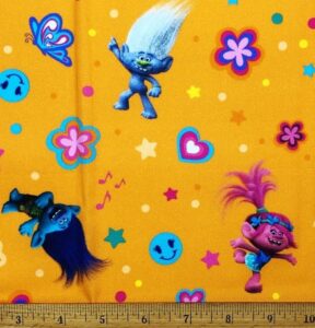 1/2 yard - trolls characters & flowers cotton fabric - choose your color & style (great for quilting, sewing, craft projects, throw blankets & more) 1/2 yard x 44" (orange, blue, green, pink)