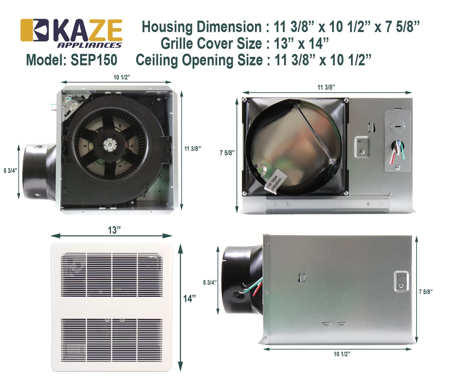 KAZE APPLIANCE SEP150 | 150 CFM | 0.5 Sone Ultra Quiet | Energy Star-Certified Energy-Saving Bathroom Exhaust Ventilation Fan