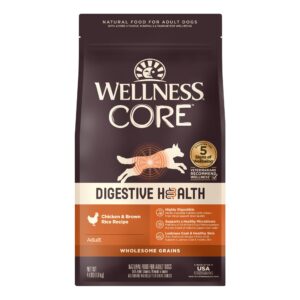 wellness core digestive health dry dog food with wholesome grains, highly digestible, for dogs with sensitive stomachs, made in usa with real chicken (adult, 4-pound bag)