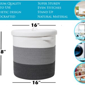 16" x 16" x 18" Extra Large Storage Basket with Lid, Cotton Rope Storage Baskets, Laundry Hamper, Cloth Bin, for Clothes Towels Blankets Pillows Storage in Living Room, Grey/Dark Grey with Cover