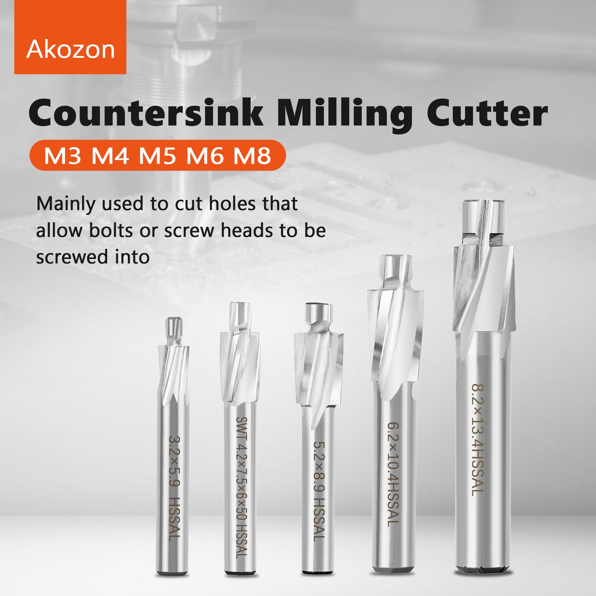 Akozon 5pcs M3-M8 Slotting Counterbore End Mill Cutter Solid Slot Countersink End Mill Drill Bit