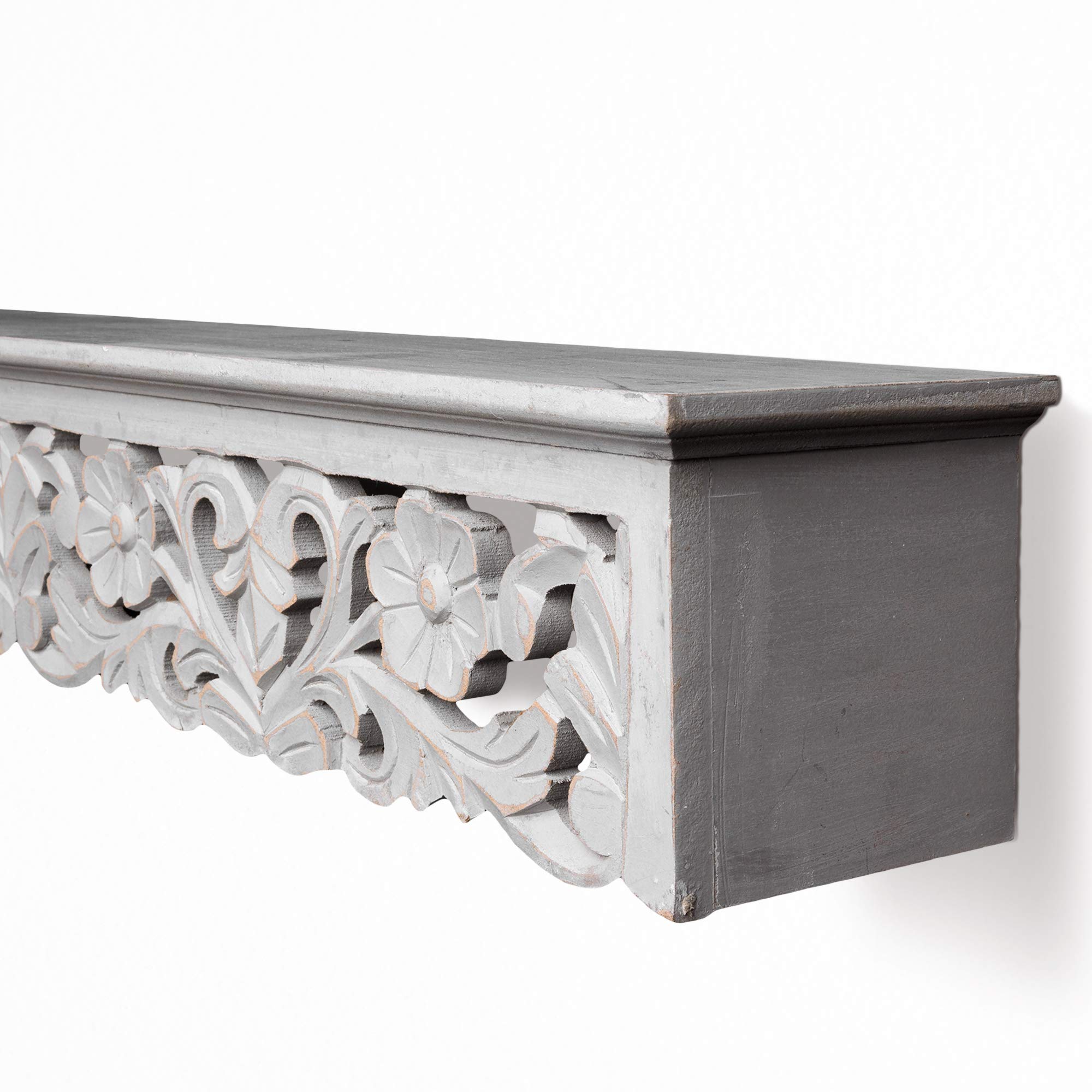 American Art Decor Hand-Carved Medallion Floating Wall Shelf - Grey (30”)