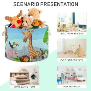 AJINGA Collapsible Round Storage Basket Fabric Toy Chest Organizer, Cartoon Wild Animals Jungle Laundry Basket with Drawstrings for Kids