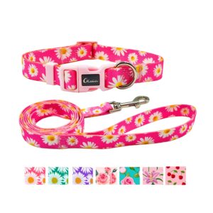 olahibi dog collar and leash set, cute pink daisy pattern, polyester material, 5ft leash, for small dogs.(s, daisy set)