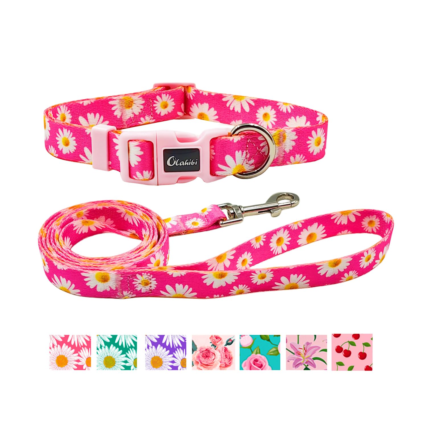 Olahibi Dog Collar and Leash Set, Cute Pink Daisy Pattern, Polyester Material, 5ft Leash, for Small Dogs.(S, Daisy Set)