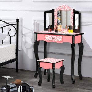 bonnlo kids vanity set, princess vanity table with stool, tri-folding mirror desk for girls makeup dressing table with drawer play vanity set