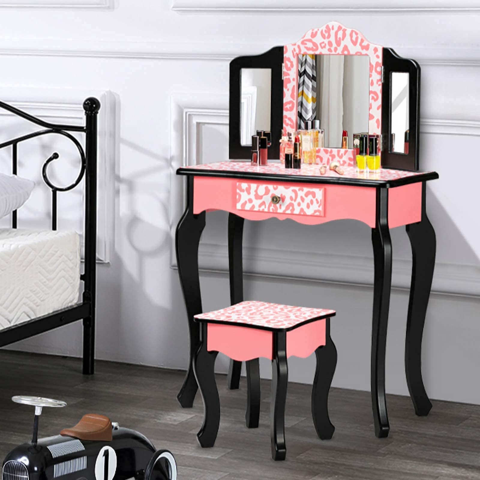 Bonnlo Kids Vanity Set, Princess Vanity Table with Stool, Tri-Folding Mirror Desk for Girls Makeup Dressing Table with Drawer Play Vanity Set