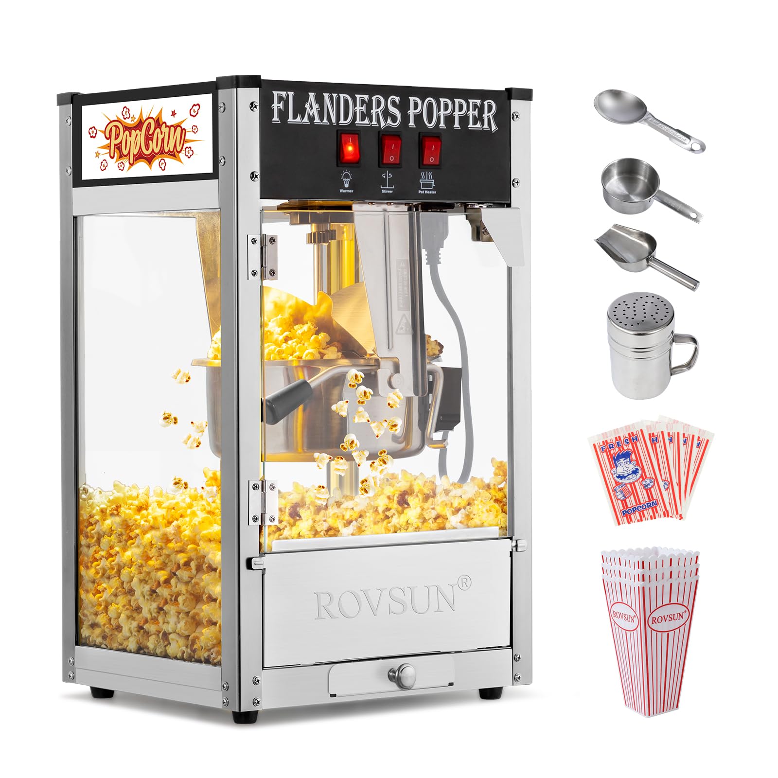 ROVSUN Popcorn Machine with 8 Ounce Kettle Makes Up to 32 Cups, Commercial Popcorn Machine Countertop Popcorn Maker w/Stainless Steel Scoop, Oil Spoon & 3 Popcorn Cups for Home Movie Theater, Black