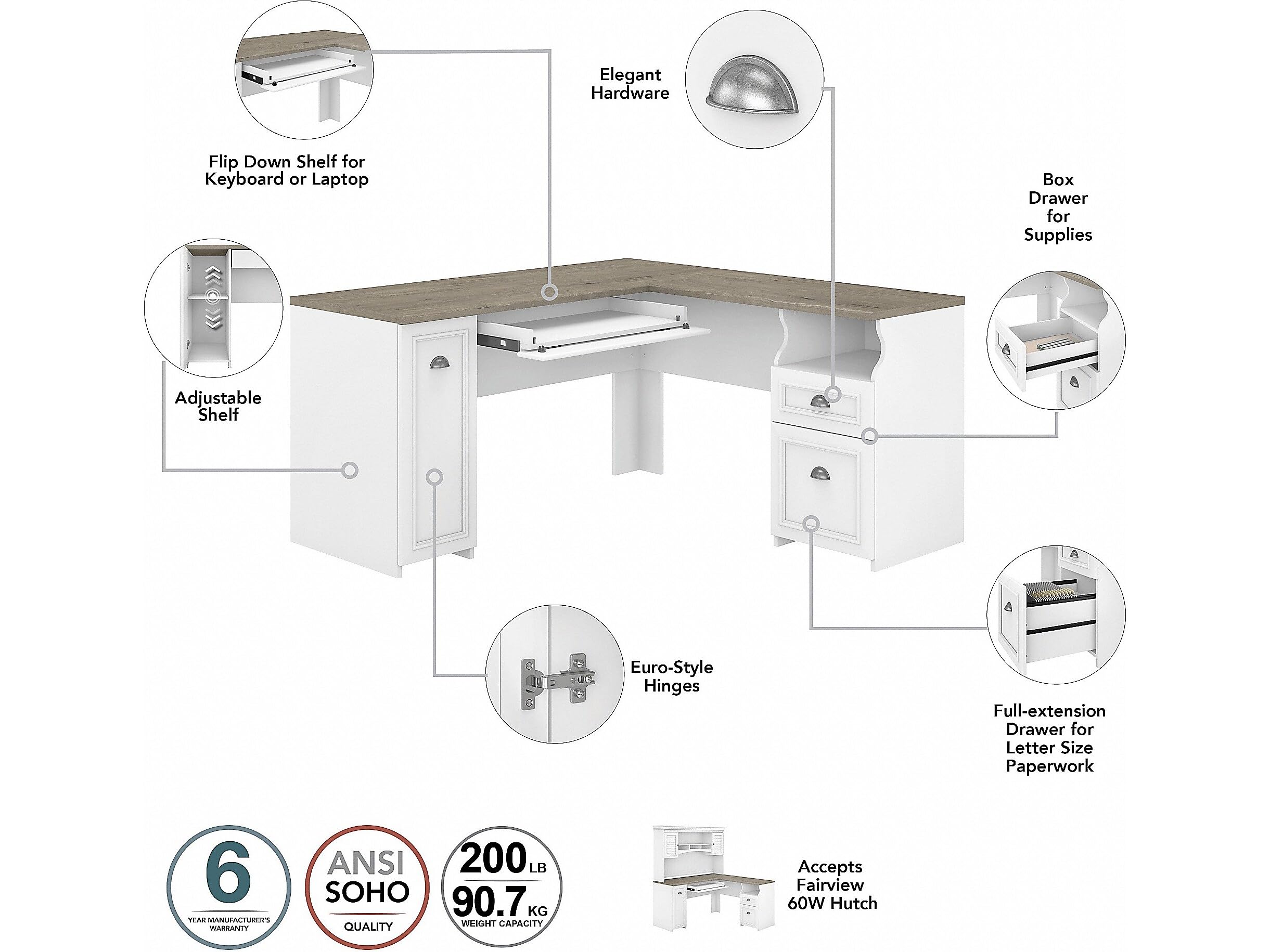 Bush FV003G2W 60-Inch L-Shaped Desk w/Hutch, Lateral File Cabinet Shiplap Gray/Pure White