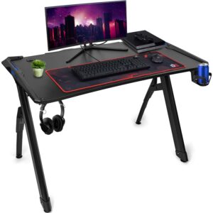 deco gear ultrawide curved led computer gaming/office desk, waterproof carbon-fiber surface, supports up to 175-lbs., 6-color rgb lighting accents, cable management, cup holder, 31.5" mouse pad