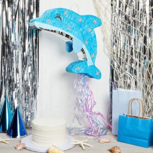 BLUE PANDA - Pull Pinata for Birthday Party, Small Dolphin (13 x 16.5 x 3 In)