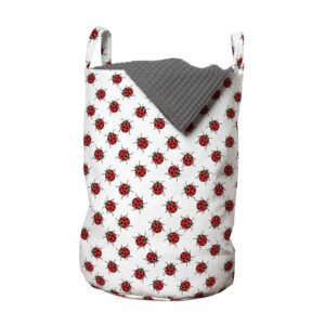 ambesonne cartoon laundry bag, repetitive ladybugs pattern of dotted marked animal theme funny cartoonish print, hamper basket with handles drawstring closure for laundromats, 13" x 19", white red