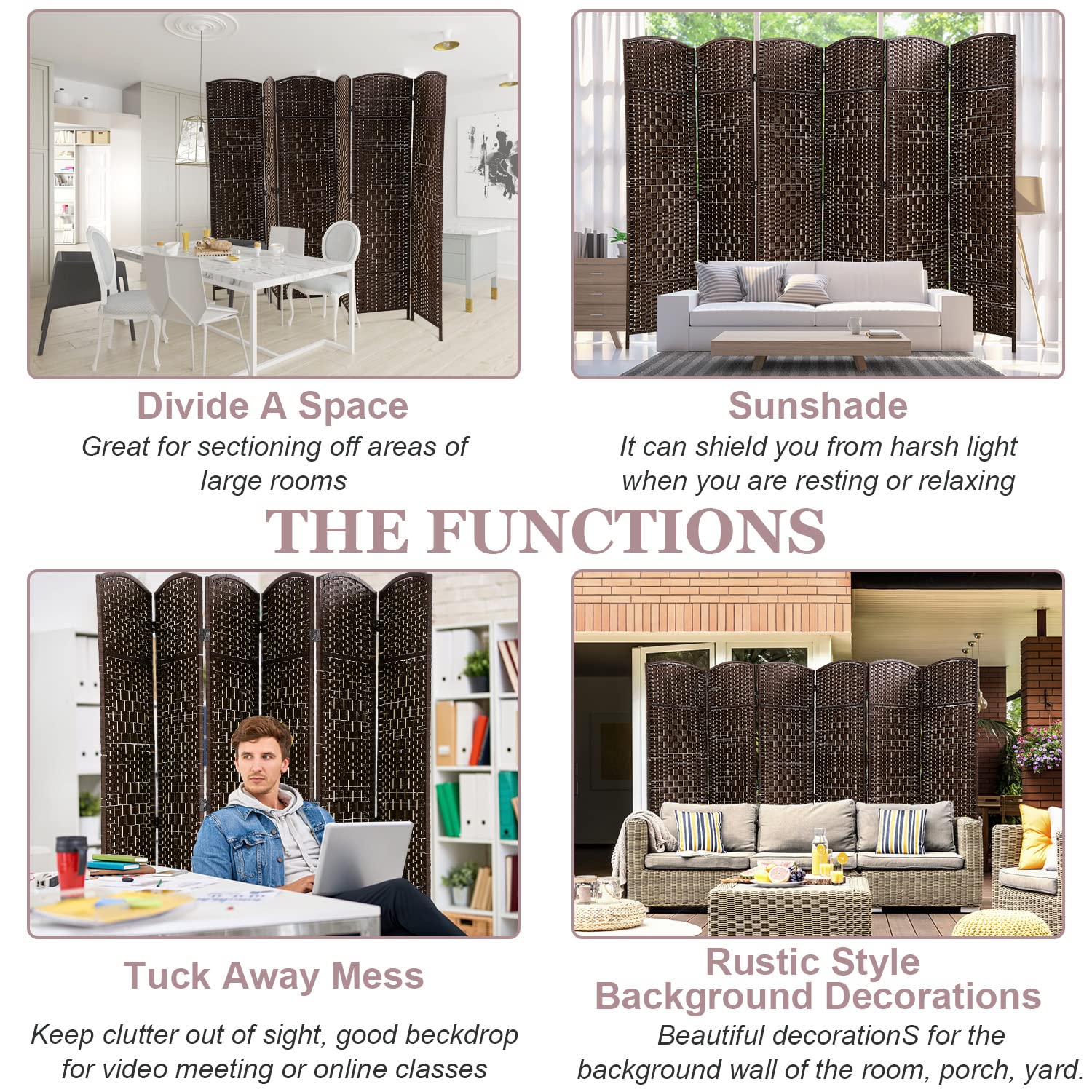 6 Panel Wood Room Divider, 6 Ft Tall Privacy Wall Divider Folding Wood Screen, Each Panel for Home Office Bedroom Restaurant, Best Home Foldable Screen, Light and Easy to Move 70.8" H × 17.7" W Brown