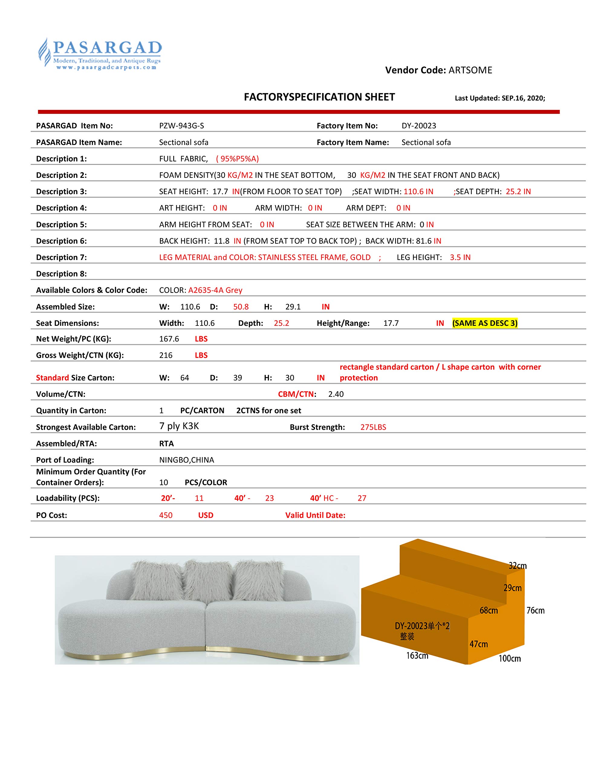 Pasargad Home Simona Sofas, W110.6 xD50.08 xH29, Grey